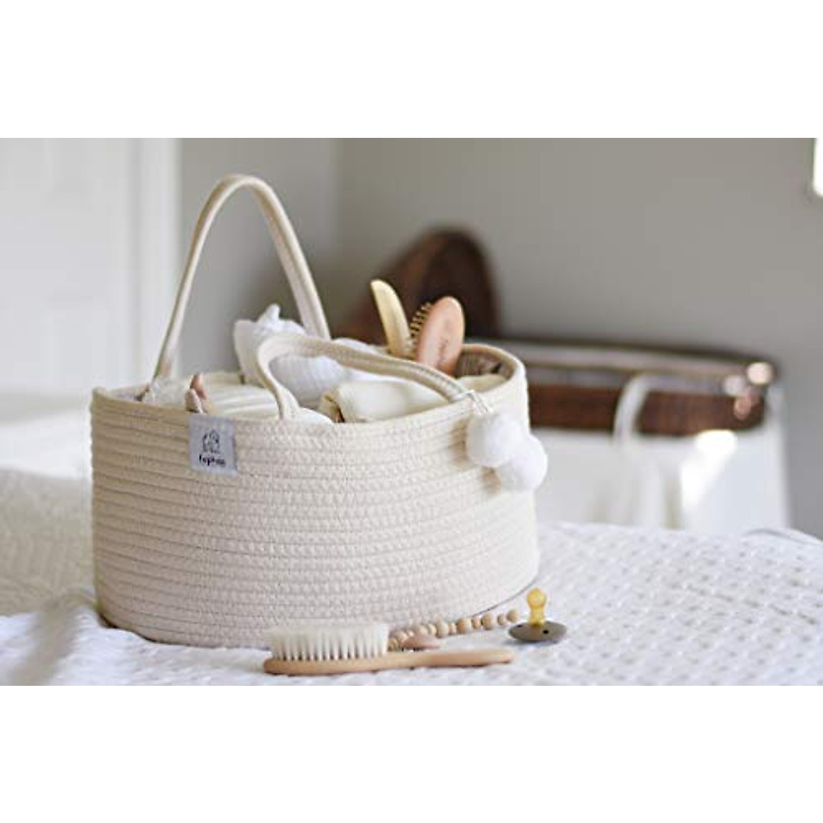 fephas Baby Diaper Caddy Organizer- Beige Rope Nursery Storage Bin- Portable Diaper Storage Basket for Changing Table and Car- Perfect Baby Shower & Registry Gift