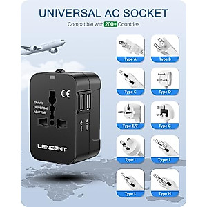 LENCENT International Travel Adapter, Worldwide All in One Universal Power Wall Charger AC Power Plug Adapter with 2 USB Charging Ports for USA EU UK AUS Cell Phone Laptop Tablets