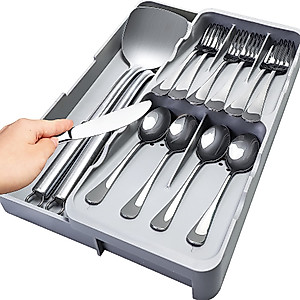 KAKUNM Expandable Utensil Organizer | Plastic Flatware Drawer Organizer, Flatware Drawer Tray for Silverware, Cutlery Holder With 6 Compartments Compact Storage Organization for Spoons Forks Knives