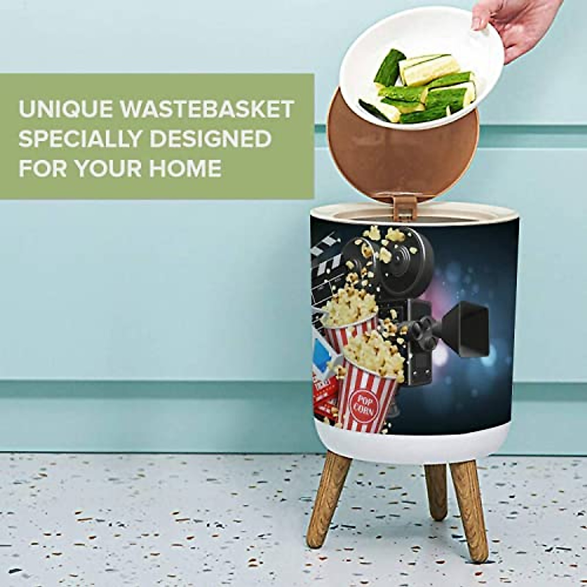 Small Trash Can with Lid Illustration for the film industry Popcorn camera glasses tickets and Garbage Bin Round Waste Bin Press Cover Dog Proof Wastebasket for Kitchen Bathroom Living Room 1.8 Gallon