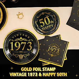 50th Paper Plates and Napkins - Gold Foil Stamp 72PCS Disposable Plates Paper Napkins, Vintage 1973 Retirement Wedding Anniversary Birthday Party Balck Gold Tableware Serves 24 Guest, 9” & 7” Plates