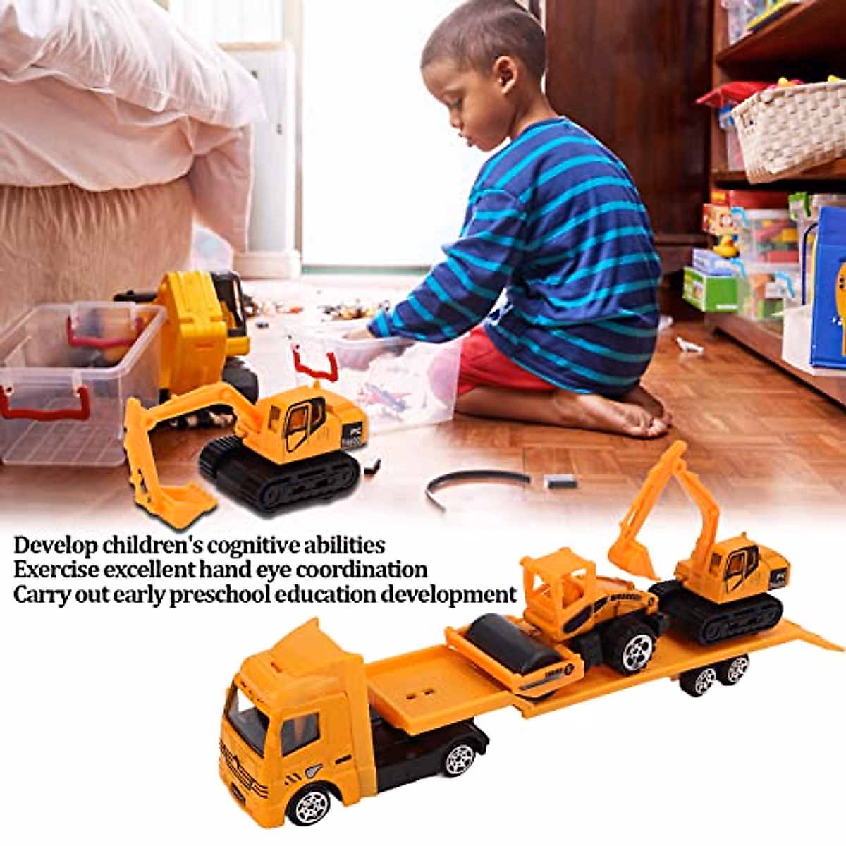 SPYMINNPOO RC Trucks Set, 4PCS Mini Alloy Construction Trucks Set 1: 64 Carrier Truck Engineering Trailer Car Toys for Over Age 3