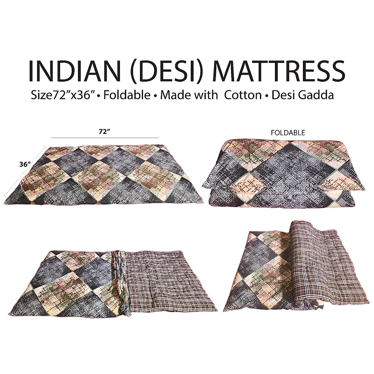 COLLECT PRESENT Soft Foldable Cotton Mattress and Cotton Gadda | Easy to Store 72X36 Inches Portable Bedding Option Made with Handcrafted Cotton and Assorted Traditional Designs