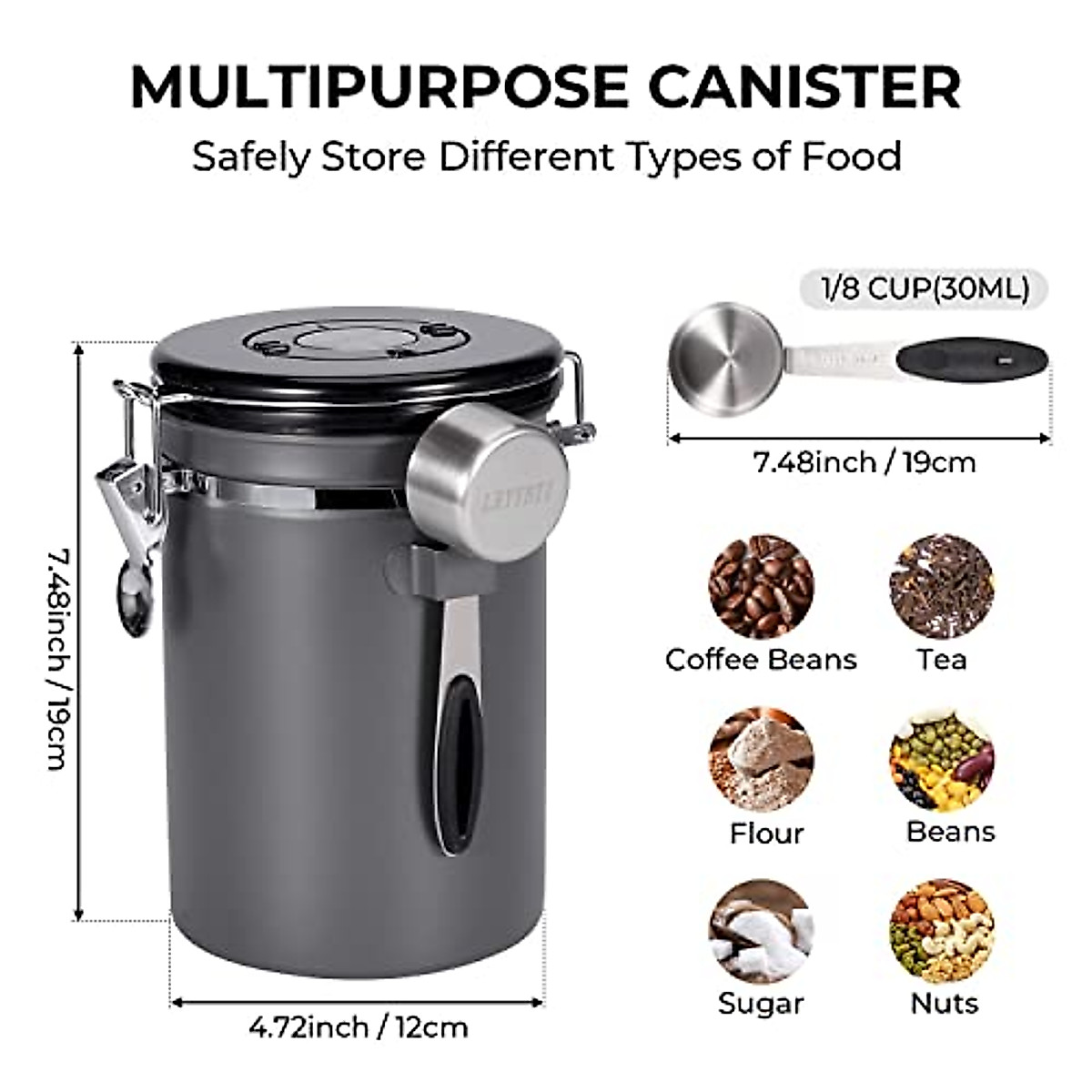 LRYYBTI Coffee Canisters, Airtight Stainless Steel Coffee Bean Storage Container with Scoop and Date Tracker & CO2 Release Valve, 22oz, Gray