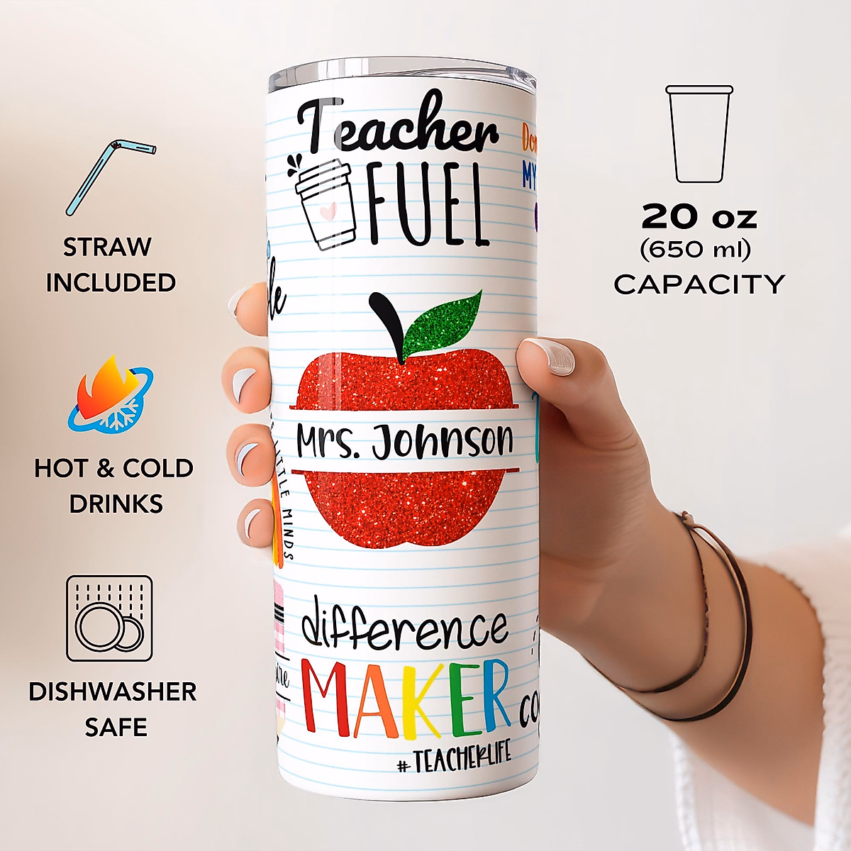 Fleur&Bay Teacher Appreciation Gifts for Women - Personalized Teacher Tumbler With Straw - Daycare Preschool Birthday Back to School Gifts Ideas - Customized Cup With Name - 20 oz Travel Coffee Mug