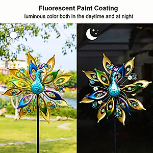 DREAMYSOUL 15.7" D*65”H Metal Peacock Wind Spinners Double Sided Kinetic Wind Sculptures Outdoor Metal Windmill for Garden Yard Decor