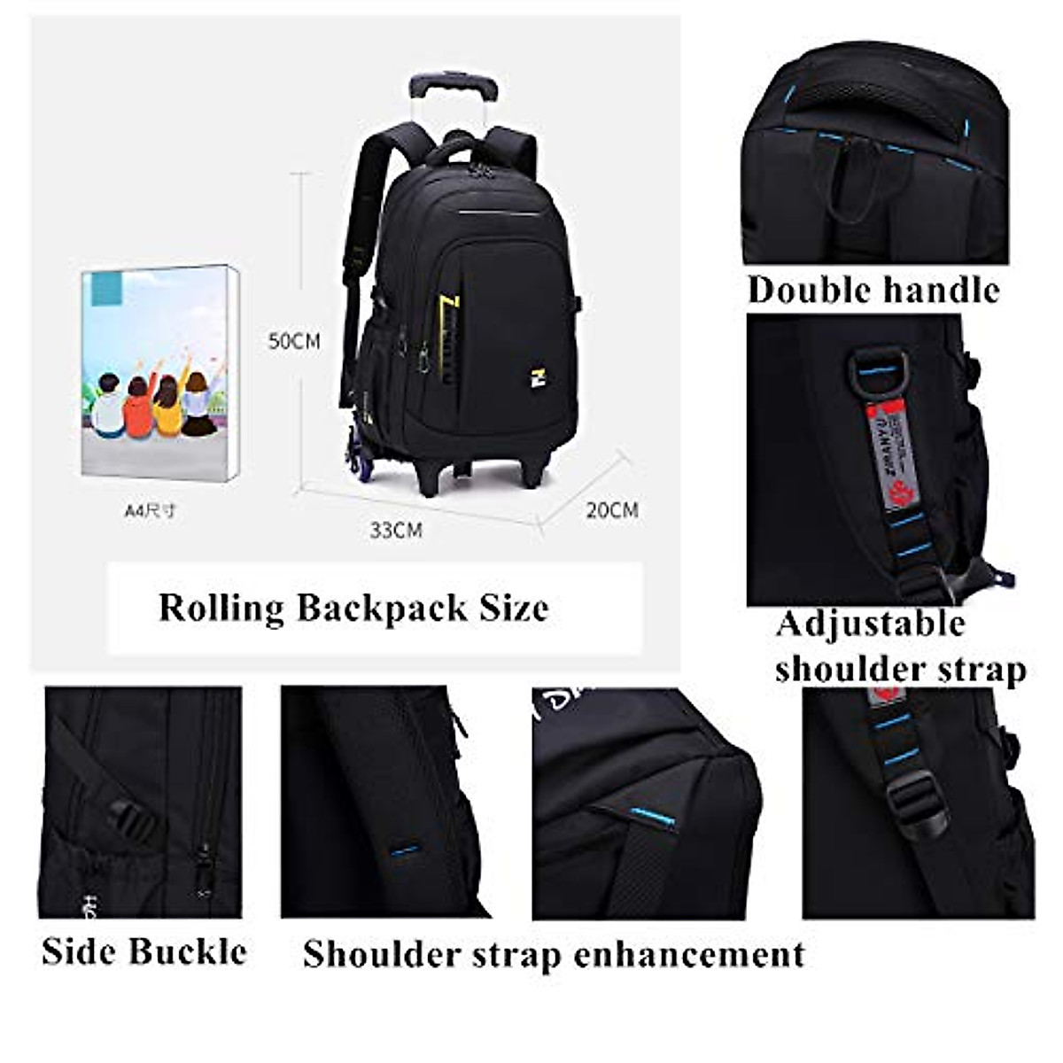 Black Kids Boys Rolling Backpack Teens Carry-on Luggage with Wheels Trolly BookBag for School-2 Wheels