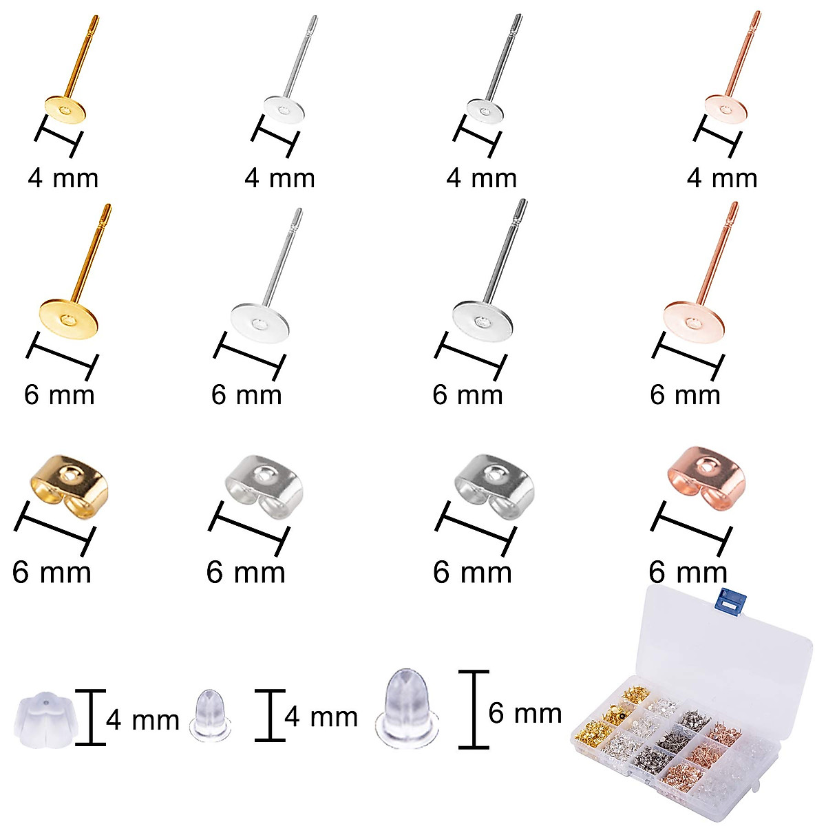 BQTQ 2600 Pcs Earring Making Supplies with Stainless Steel Earring Posts Earring Backs Flat Pad Earring Studs Earring Blank with Butterfly and Rubber Bullet Earring Backs for Earring Jewelry Making