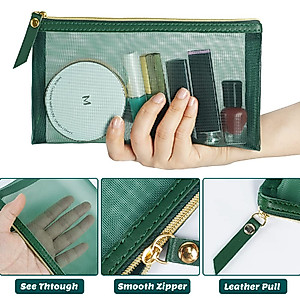 besharppin Mesh Cosmetic Bag, 4pcs Nylon Makeup Pouches with Leather Pull and Golden Zipper for Purse Diaper Bag (Emerald Green)
