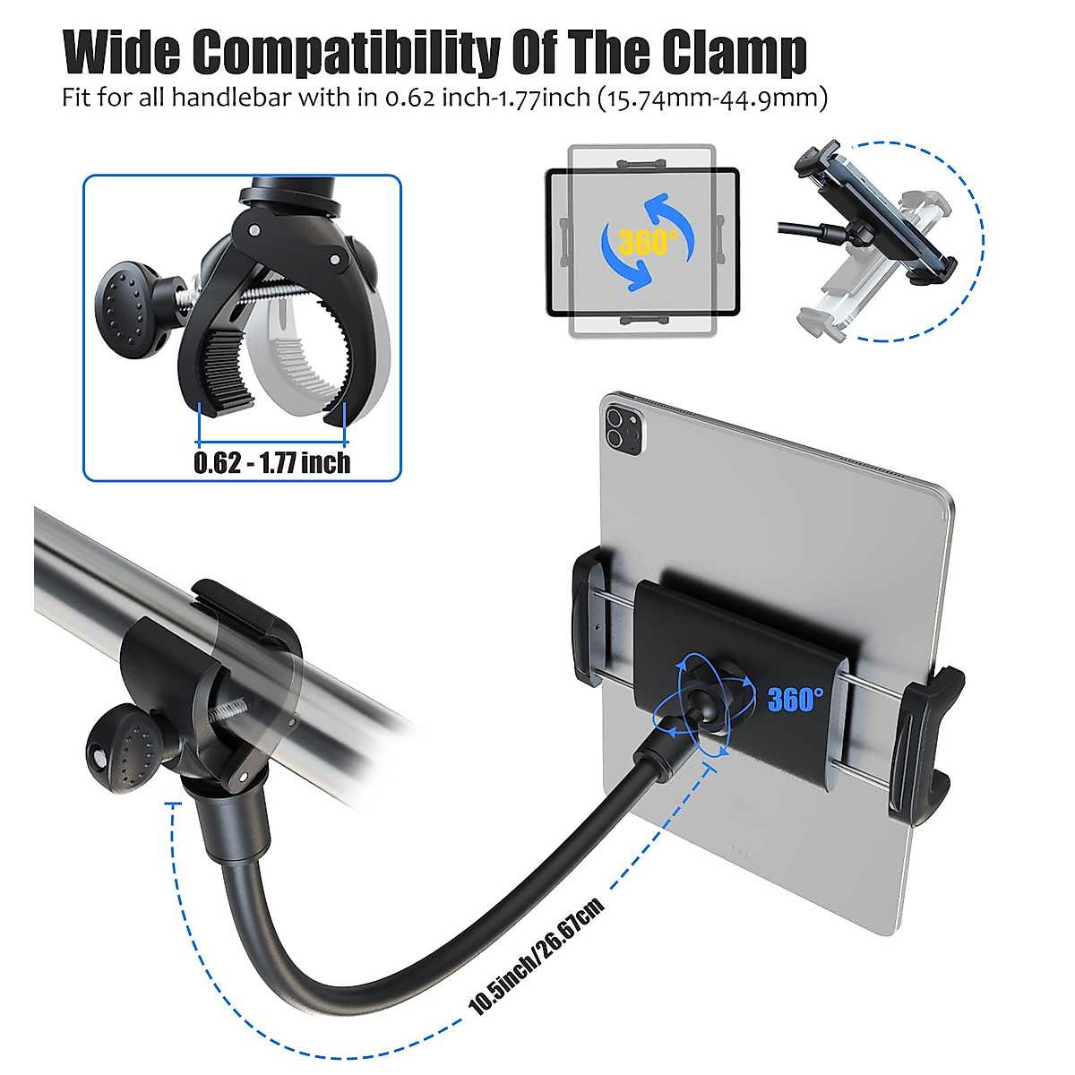 Charchendo Tablet Holder for Spin Bike, Universal Handlebar Phone Mount with Gooseneck for Stationary Exercise Bike, Elliptical, Compatible with iPad Pro/Air/Mini, Smartphones More Devices 4-13''