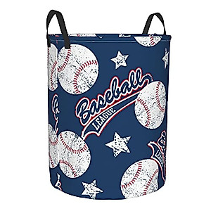 Baseball Laundry Hamper Collapsible Laundry Baskets with Handles Dirty Foldable Clothes Basket Easy Carry Laundry Bag Round Storage Basket for Bedroom Toy Blue