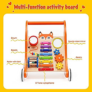 Wooden Baby Walker Baby Push Walker with Multiple Entertainment Activity Center, Sit-to-Stand Learning Baby Walkers for 1 Year Old Boys Girls Infants