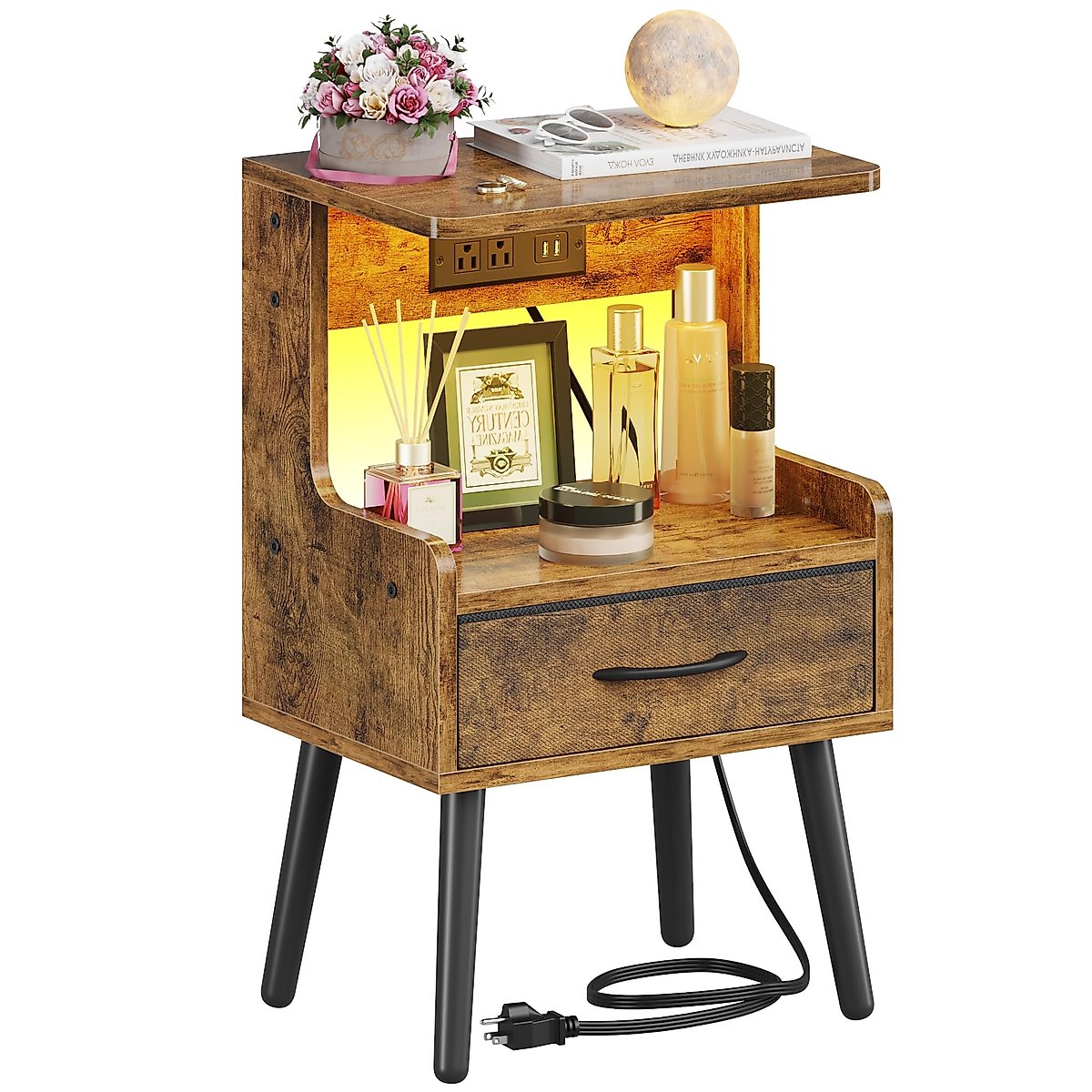 GYIIYUO Night Stand with Charging Station, Cute Bedside Table with Led Lights and Fabric Drawer, Unique Shape NightStand with Open Storage, Small End Table for Bedroom, Rustic Brown