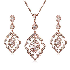 SWEETV Wedding Jewelry for Bride, Rose Gold Necklace and Earrings Jewelry Set, Bridal Jewelry Set for Wedding Party Costume
