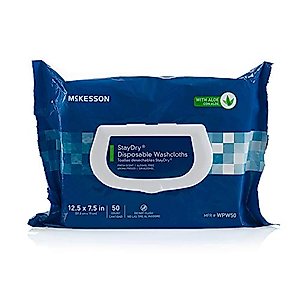 McKesson StayDry Disposable Wipes or Washcloths for Adults with Aloe, Incontinence, Alcohol-Free, 50 Wipes, 12 Packs, 600 Total