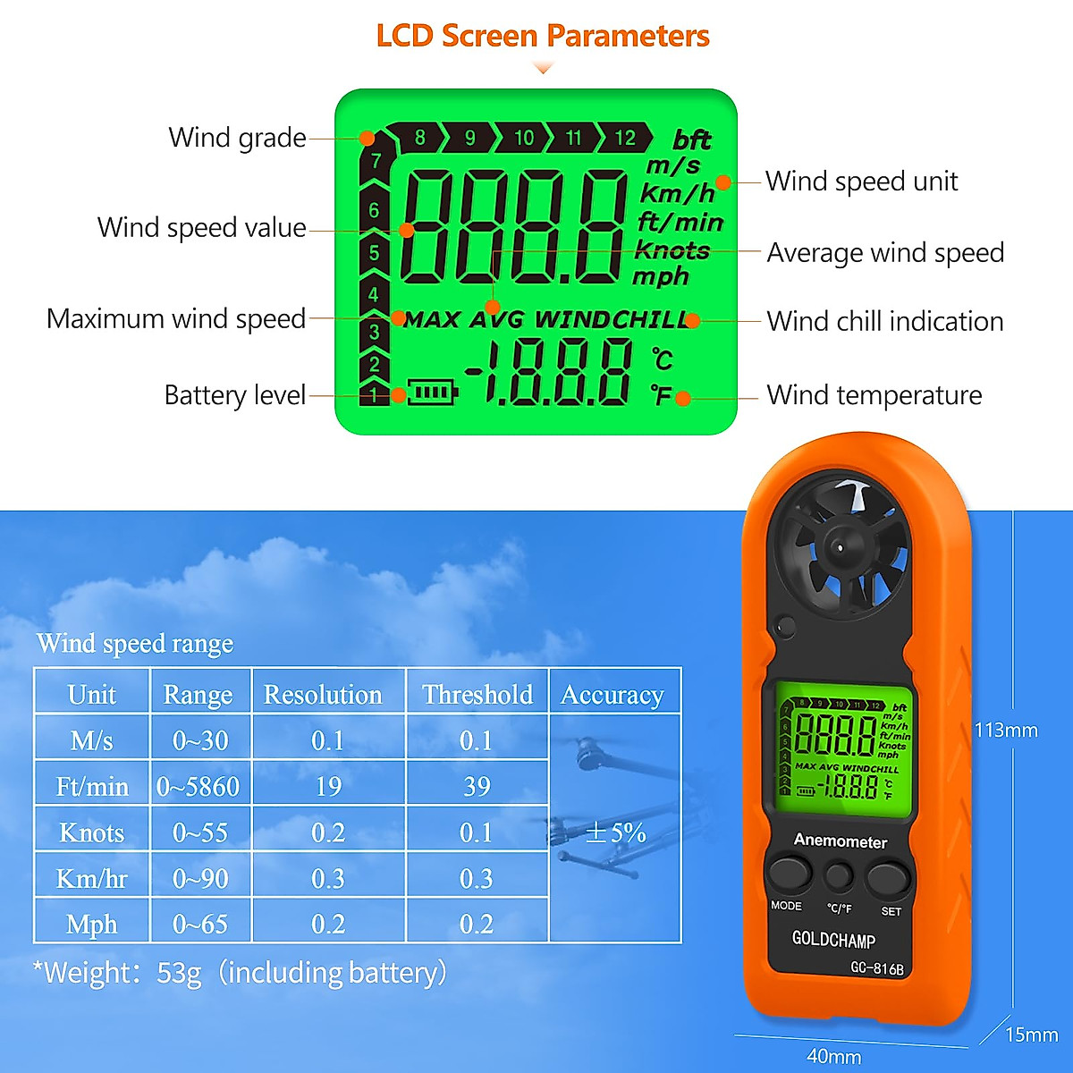 GOLDCHAMP Mini Anemometer Handheld, Digital Wind Speed Meter Anemometer Handheld Wind Gauges for Measuring Wind Speed Temperature and Wind Chill for Shooting Windsurfing Fishing Hunting