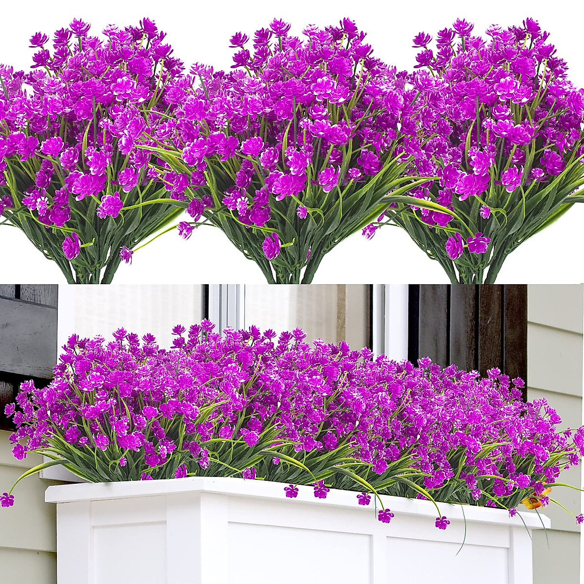 Artificial Fake Flowers, 4 Bundles Outdoor UV Resistant Greenery Shrubs Plants Indoor Outside Hanging Planter Home Garden Décor（Purple）