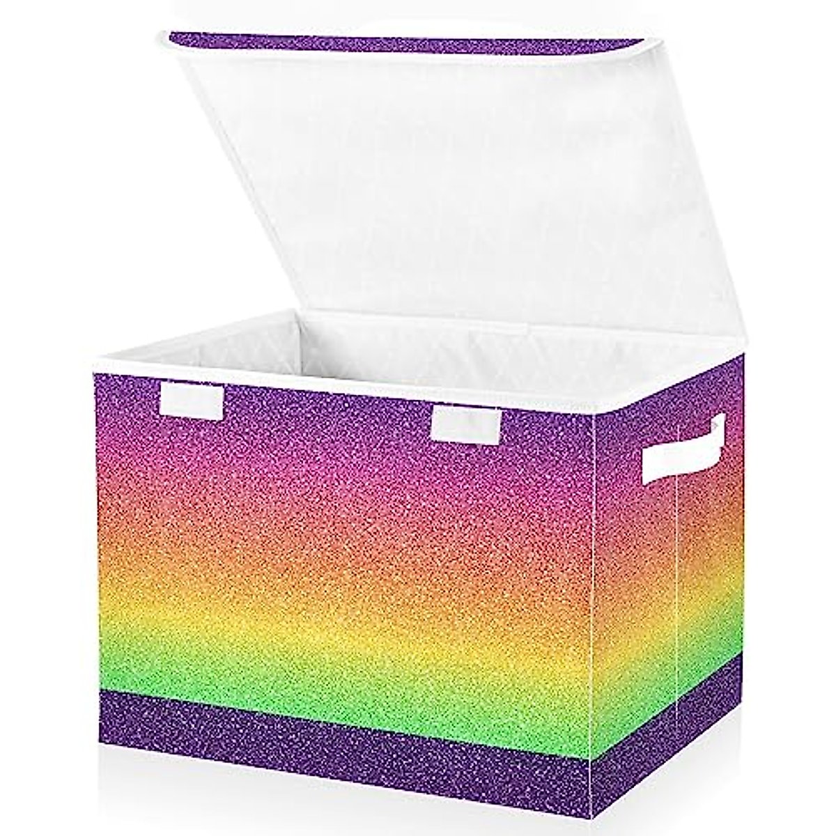 Krafig Rainbow Glitter Decorative Storage Box with Lid Large Bins Baskets Foldable Cube Organizer Collapsible Containers for Organizing, Toy, Home, Shelf, Closet