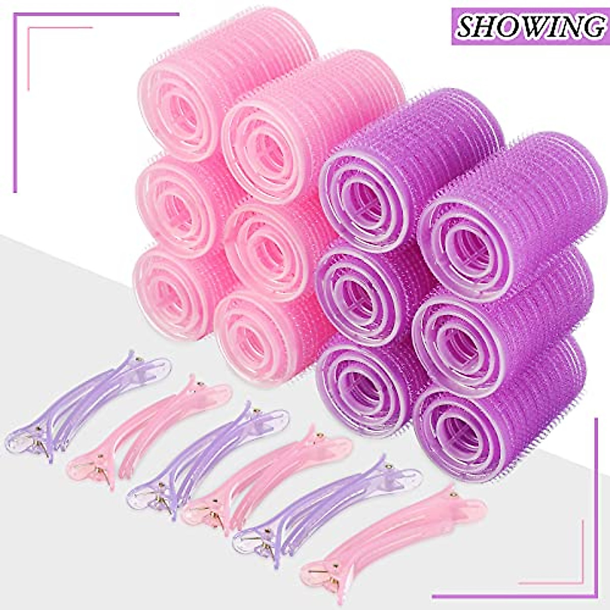 48 Pieces Self Grip Hair Rollers Set Self Holding Rollers No Heat Hair Curlers Hairdressing Curlers and Multicolor Plastic Duck Teeth Bows Hair Clips for DIY Hairdressing Salon Barber (Purple, Pink)