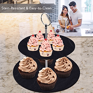 NutriChef Two Tier Slate Cake Stand-Round Multi Level Tray Serving Plate,Cupcake Holder Display,Dessert Tower,Fruit Platter w/Stainless Steel Rods and Handle,for Wedding,Birthday