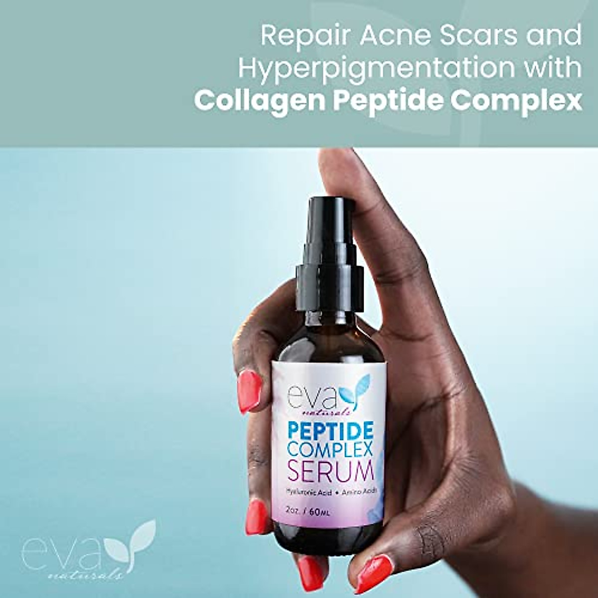 Collagen Peptide Serum - Anti Aging Collagen Serum for Face, Skin Brightening, Reduces Fine Lines & Wrinkles, Heals, and Repairs Skin, Microneedling Serum with Aloe Vera & Hyaluronic Acid - Peptide Complex Face Serum by Eva Naturals (2 oz)