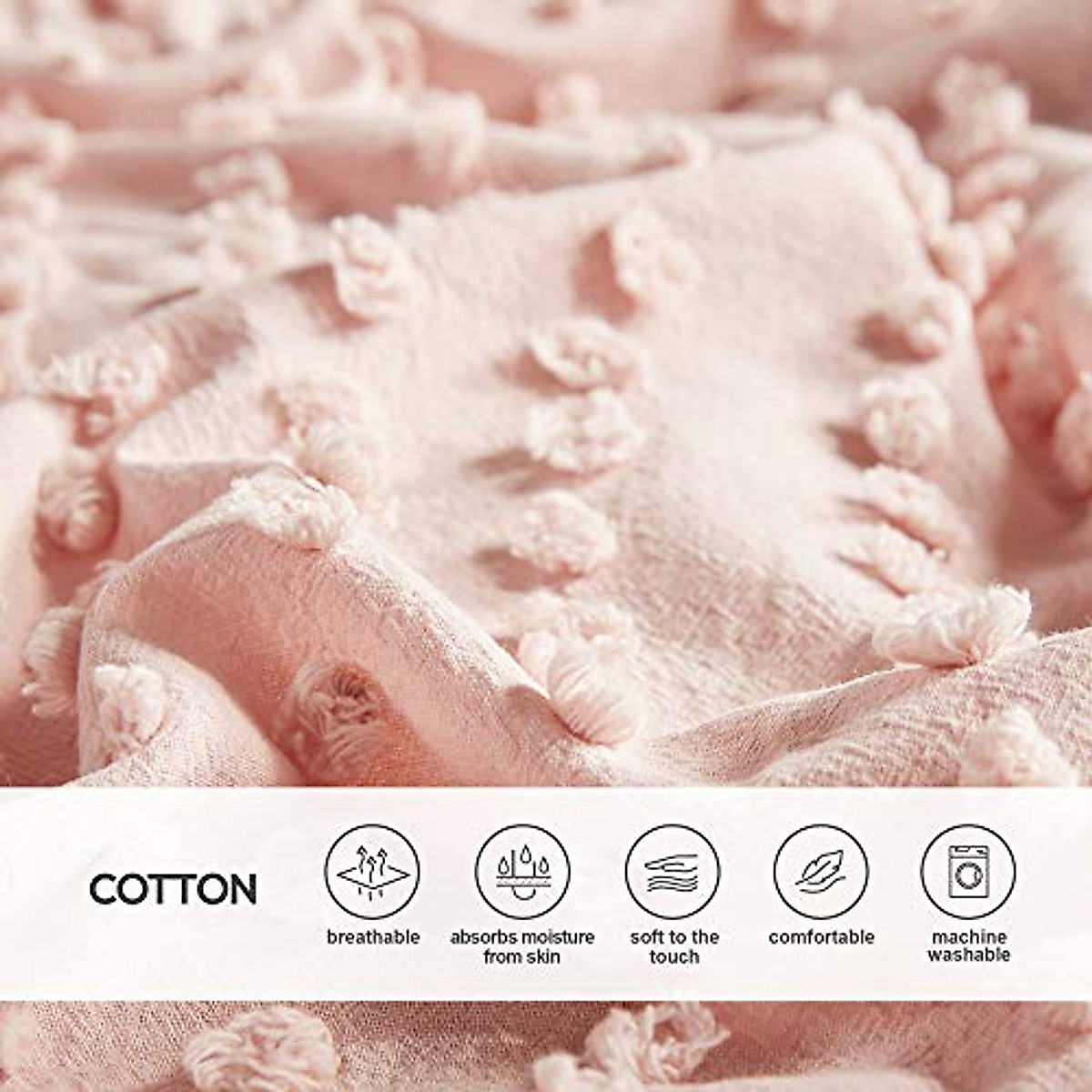 Comfort Spaces 100% Comforter Set Cotton Jacquard Pom Tufts Design Hypoallergenic Down Alternative, All Season Modern Bedding, Matching Shams, Full/Queen, Phillips, Blush