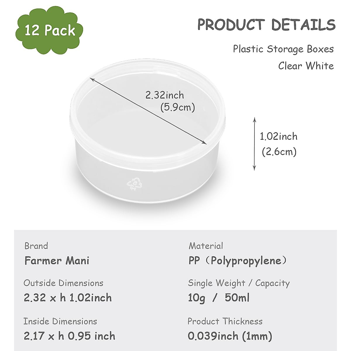 Farmer Mani 12 Pcs Clear Plastic Round Storage Jars, 1.7 oz Beads Storage Containers Box for Storage Small Items, Hardware, Buttons, Small Jewelry