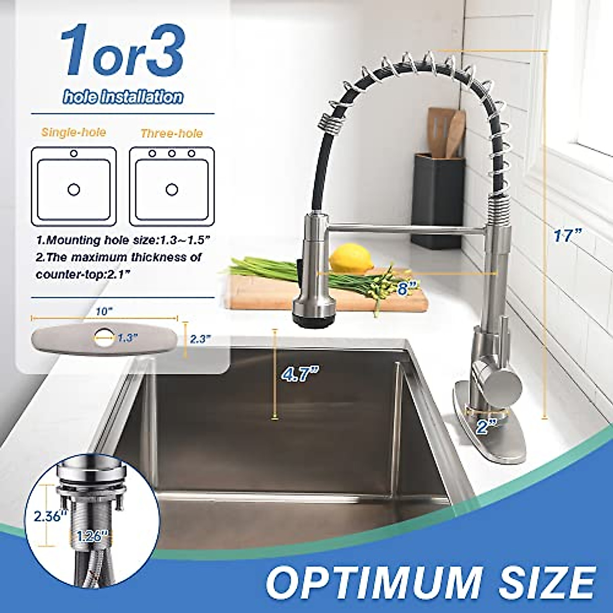 Gnixne Kitchen Faucet with Pull Down Sprayer, 24-Inch Single Handle Kitchen Sink Faucet, 4 Functions Spring Faucet for Kitchen Sink with Deck Plate, Brushed Nickel