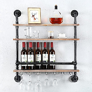 Industrial Hanging Wine Glass Rack Wall Mounted,30in Pipe Shelf Wine Rack with 7 Glass Holder,Rustic Wine Glass Holder Stemware Racks,Pipe Shelving Wood Shelves Floating Wine Glass Shelf