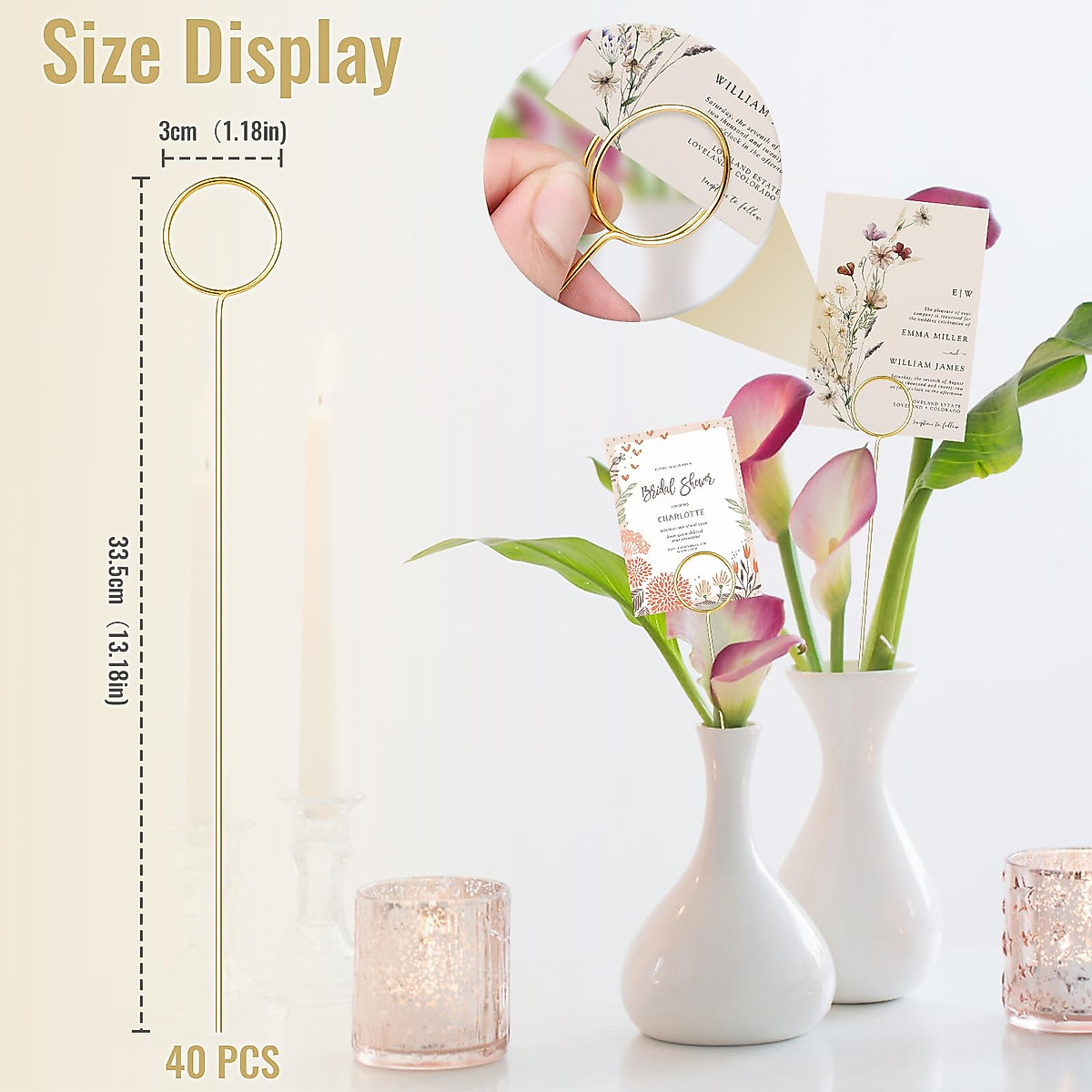 GAOHUI 40Pcs Gold Floral Picks, Metal Card Holder, 13.18 Inch Bouquet Holder for Floral Arrangements, Flower Favor Photo Holders Place Card Holder for Wedding Party