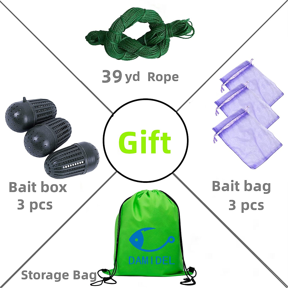 DAMIDEL 32in x 10in Folded Fishing Bait Trap, 10 Holes 10 Sides Foldable Fishing Nets for Fish/Crab/Shrimp/Crawdad, Upgrade Large Space,Bait Bag/Bait Box/Rope/Storage Bag