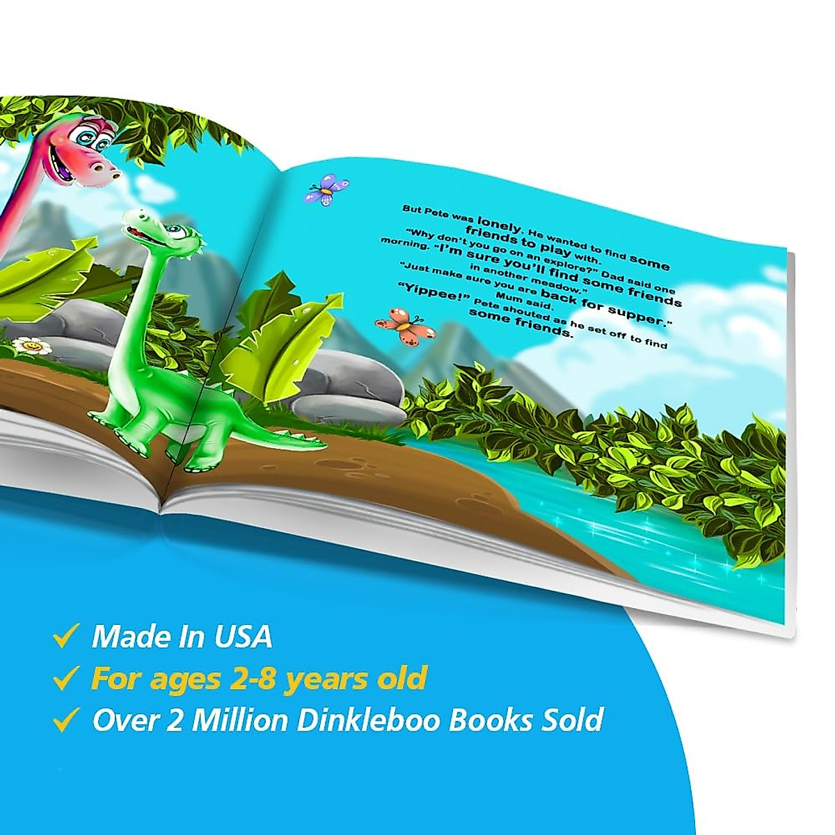 Personalized Story Book by Dinkleboo - The Dinosaur - for Kids Aged 0 to 8 Years Old -A Story About Your Child Going on an Adventure to find a New Dinosaur Friend. Soft Cover. 8"x8"