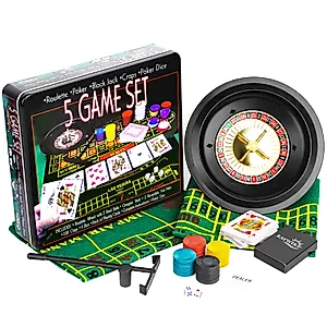 5 in 1 Casino Games Set Roulette,Poker, Black Jack, Craps, has Chips,Mats, Dices, Cards,