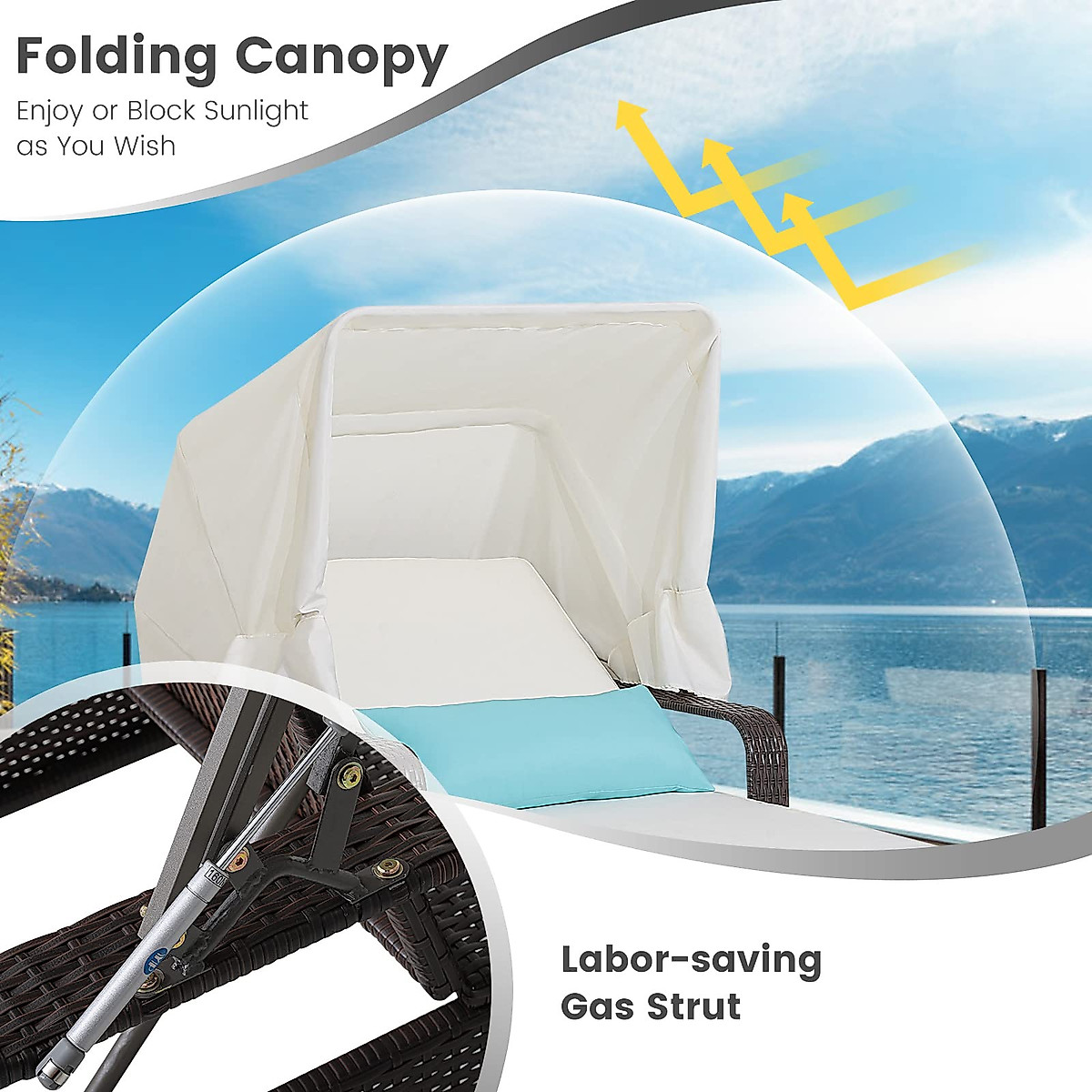 Tangkula Outdoor Chaise Lounge Chair and Table Set with Folding Canopy and Armrests, Patio Rattan Reclining Chair with 6-Level Adjustable Backrest, Cushioned Outdoor Recliner for Poolside, Backyard