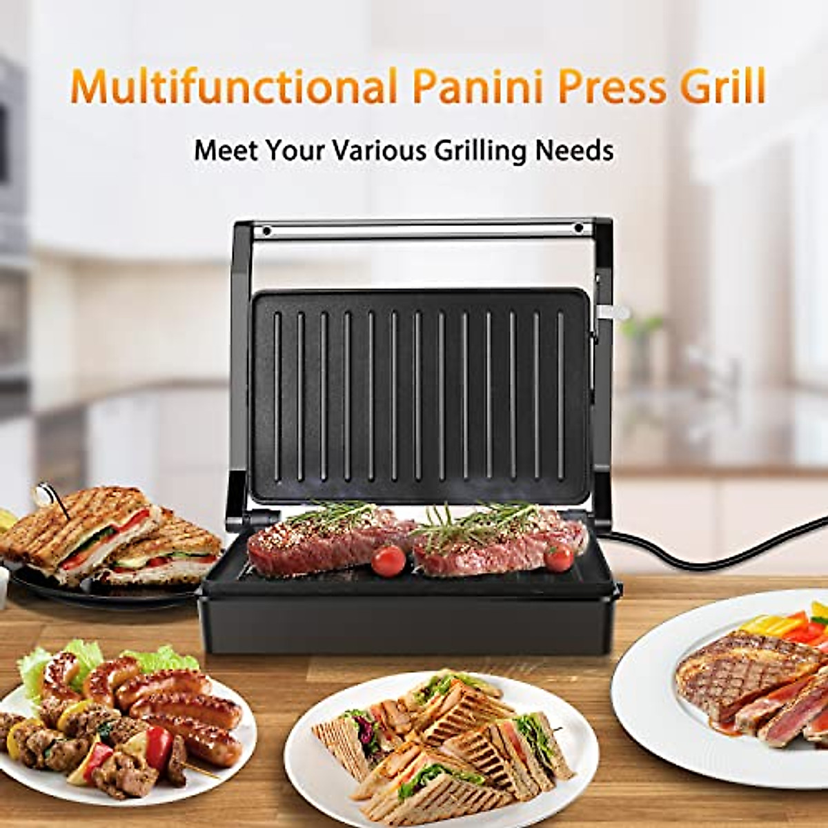 Panini Press Grill, Aigostar 1000W Sandwich Maker with Non-Stick Double Flat Cooking Plate, Indicator Light, Locking Lid, Cool Touch Handle, Panini Maker Electric Indoor Grill Easy to Storage & Clean