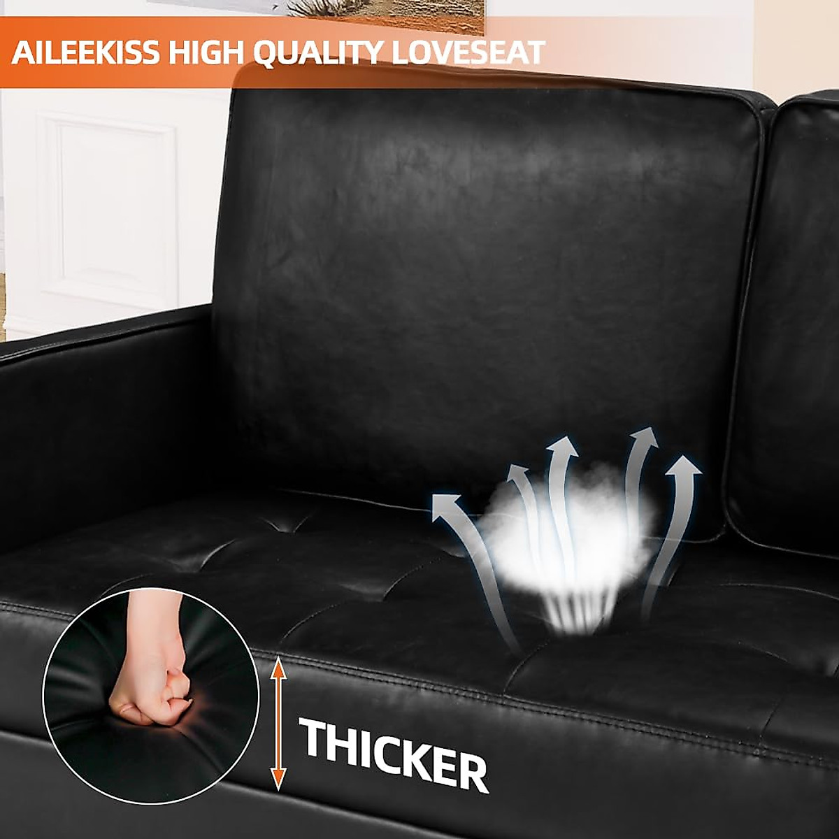 AILEEKISS 57'' Mid-Century Loveseat Faux Leather Sofa Couch with Armrest for Two People Modern 2 Seat Sofa for Living Room (2-Seater, Black)