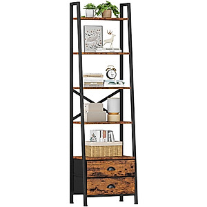 Furologee 5-Tier Ladder Shelf with 2 Drawers,Narrow Bookshelf Storage Shelves,Industrial Bookcase Freestanding Shelf Units for Bedroom,Living Room,Bathroom,Home Office,Balcony,Wood Metal,Rustic Brown