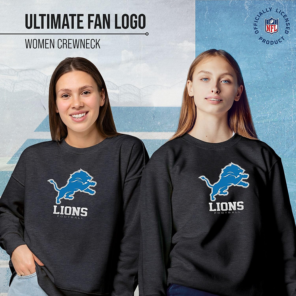 Team Fan Apparel Women's NFL Ultimate Fan Logo Slouchy Crewneck -Tagless Fleece Lightweight Pullover - Officially Licensed (Detroit Lions - Charcoal, Womens Medium)