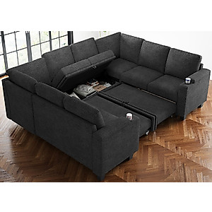 Belffin Sectional Sleeper Sofa Couch with Pullout Bed Modular Sectional Pull Out Couch with Storage. Dark Grey Couch