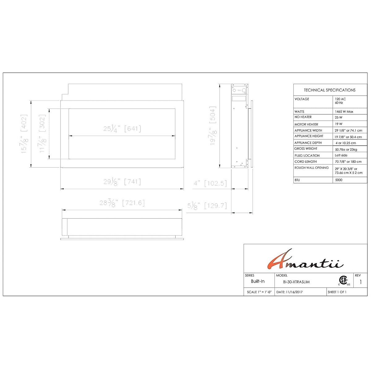 Amantii BI-30 Extraslim Indoor or Outdoor Electric Fireplace