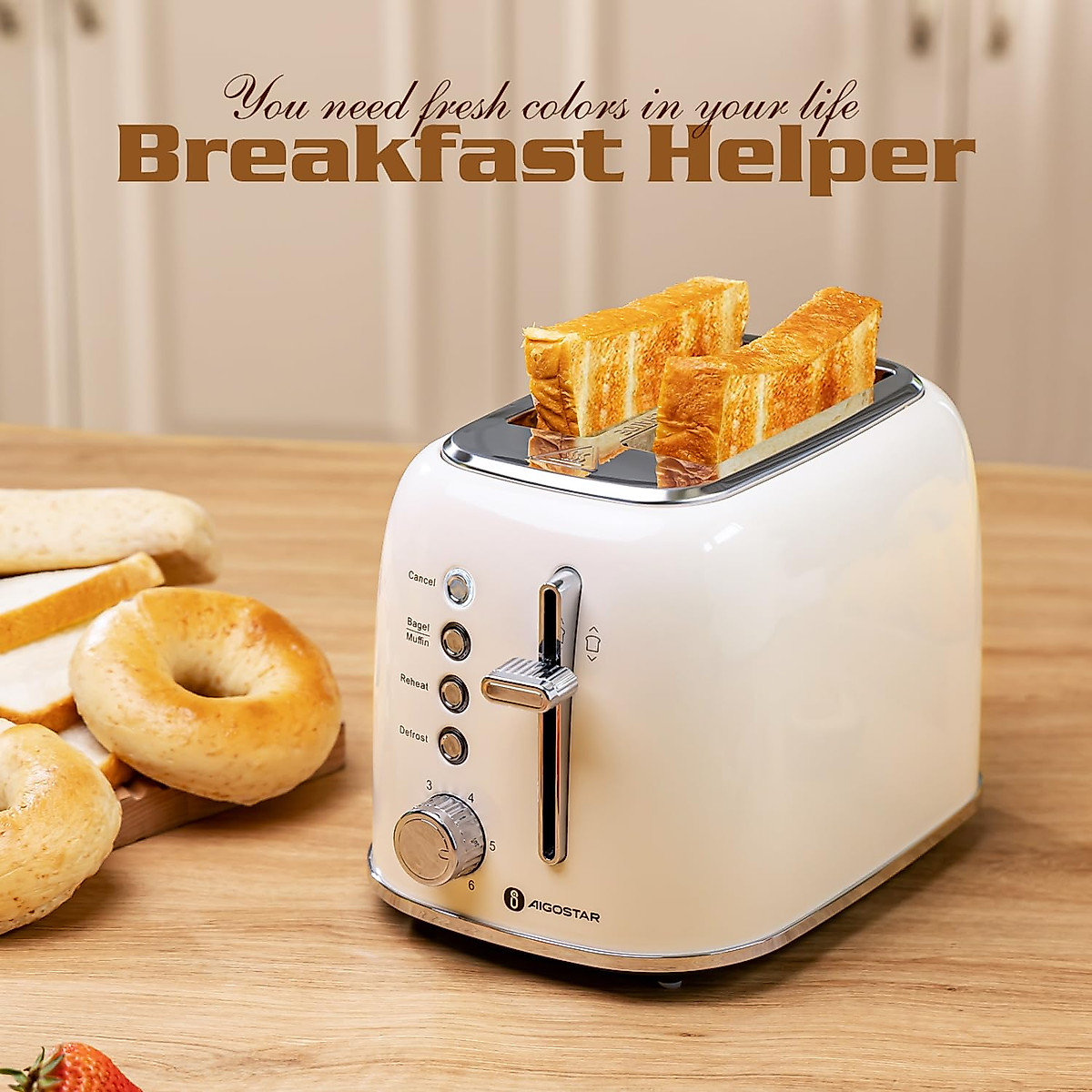Aigostar Toaster 2 Slice, Retro Extra-Wide Slot Toaster for Toasting Bagel Breads Waffle & More with Cancel, Defrost Function and 6 Browning Setting, Removable Crumb Tray, Stainless Steel, Cream White
