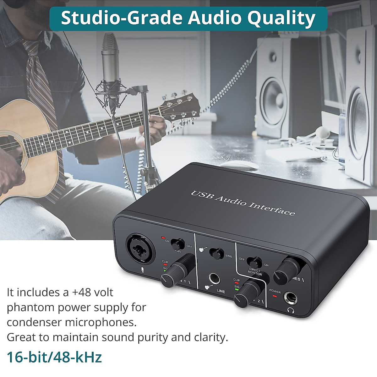 USB Audio Interface 2 In 2 Out with 48V Phantom Power,YGiTK USB-C Audio Interface for PC/Win/Mac Recording, Streaming and Podcasting, Audio Box (Microphone Cable Included)