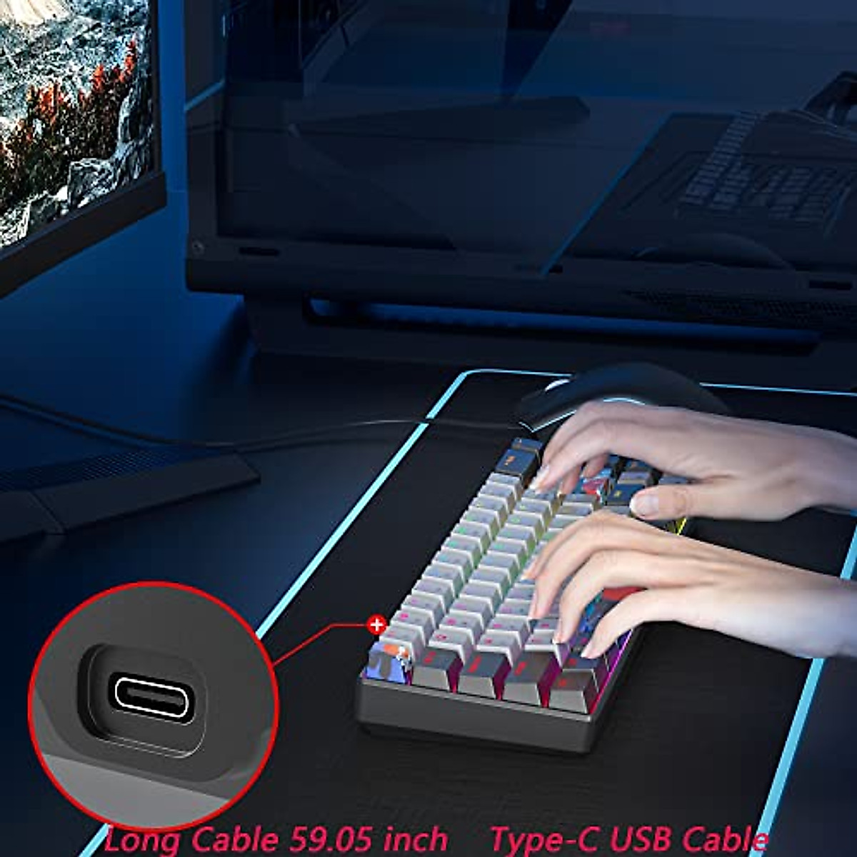 Mosptnspg Protable 60% Percent Gaming Keyboard Mechanical, Mini Compact RGB Backlit 68 Keys Wired Office Keyboard with red Switch for Mac/Win/PC/ps4/ps5/xbox(Dolch/red Switch 68)