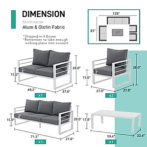 Patiorama Aluminum Patio Furniture Set, 5 PCS Modern Patio Conversation Set, All Weather White Outdoor Sectional Sofa Set w/Coffee Table, Patio Seating Set, Olefin Cushion, Garden-Grey Cushion
