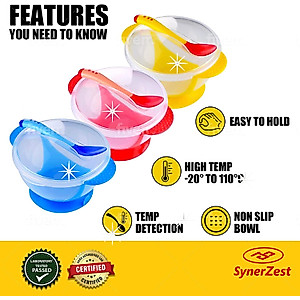 Baby Food Bowl with Thermal Spoon-Holder Cover, Full Silicon Base. (Laboratory Tested Bowl) Toddler Bowl NOT Too Soft/Durable/Quality/Safe for Infant and Elderly (9 Pieces, 3SETS)