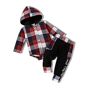 Fuermos Newborn Infant Baby Boy Clothes Plaid Button Long Sleeve Hoodies Romper+ Mama's and Boy Pants Outfits Set