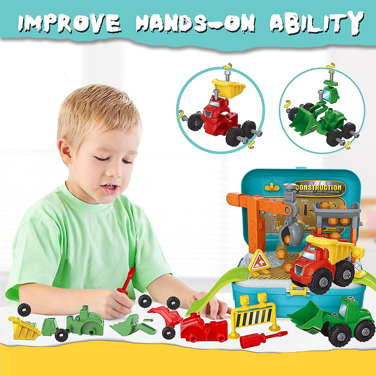 KAEGREEL Construction Vehicles Toys for Boys, 60PCS Take Apart Trucks Engineering Building Excavator Crane DumpToy Set with Backpack, STEM Birthday Gifts for Kids Aged 3 4 5 6 8 Year Old Toddlers