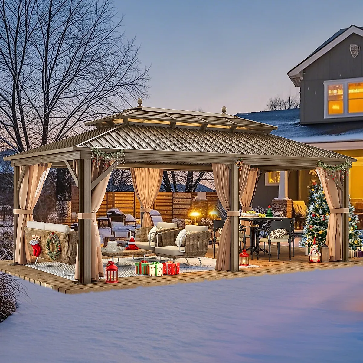 YITAHOME 12x20 ft Hardtop Gazebo with Nettings and Curtains, Outdoor Heavy Duty Aluminum Gazebo Combined of Horizontal and Vertical Stripes Roof for Patio, Backyard, Deck, Lawns and Balcony (Bronze)