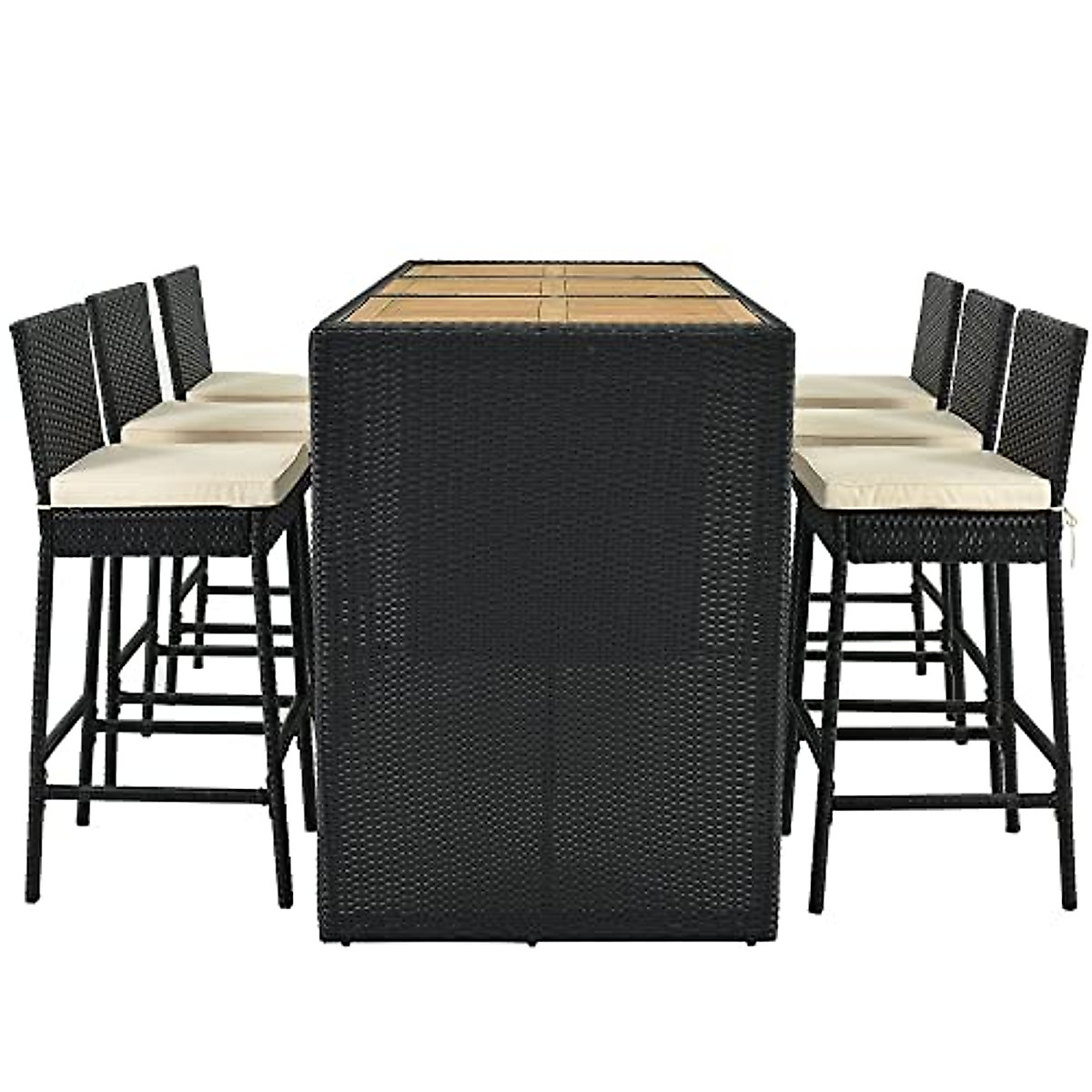 Outdoor Patio 7-Piece Rattan Dining Table Set, PE Wicker Bar Furniture Set with Wood Tabletop and 6 Dining Chairs for Backyard, Garden(Black2-7PCS)