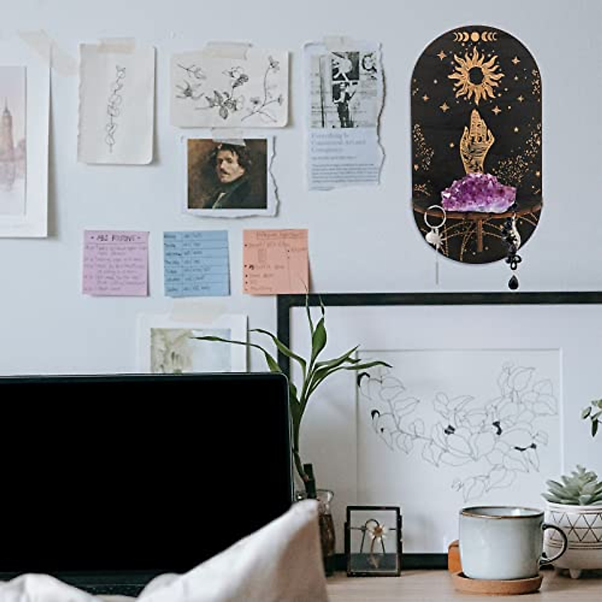 NOLITOY Black Crystal Display Bohemian Wooden Hanging Decoration Stand Crystal Stone Holder Wall Shelf for Crystals Essential Oil (Style1)